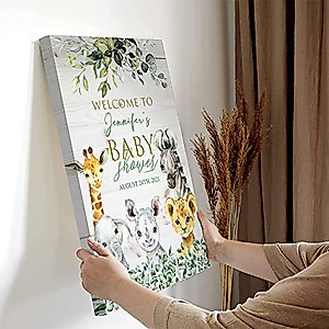 Personalized Safari Baby Shower Welcome Sign Poster, Jungle Animals Print Art, Cute Watercolor Jungle Baby Shower Welcome Decoration, Custom Baby Shower Wall Art Poster Canvas, Home Decor