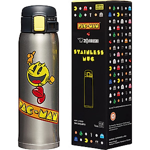 [Zojirushi x Pac-man] Limited Edition SM-SHE48PA BA&XA Stainless Steel Mug, 2 Count Bundle (Pack of 2), PAC-MAN Black&Stainless 16oz (Bundle 2-pack: Black & Silver)