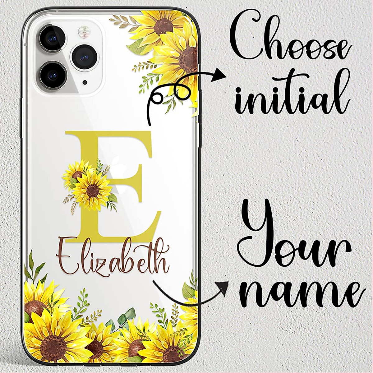 Personalized Name & Initial Customized Phone Case, Custom Transparent Phone Cover Compatible iPhone 14 Plus 13 Pro Max 12 Mini 11 XR XS Plus (Sunflower)