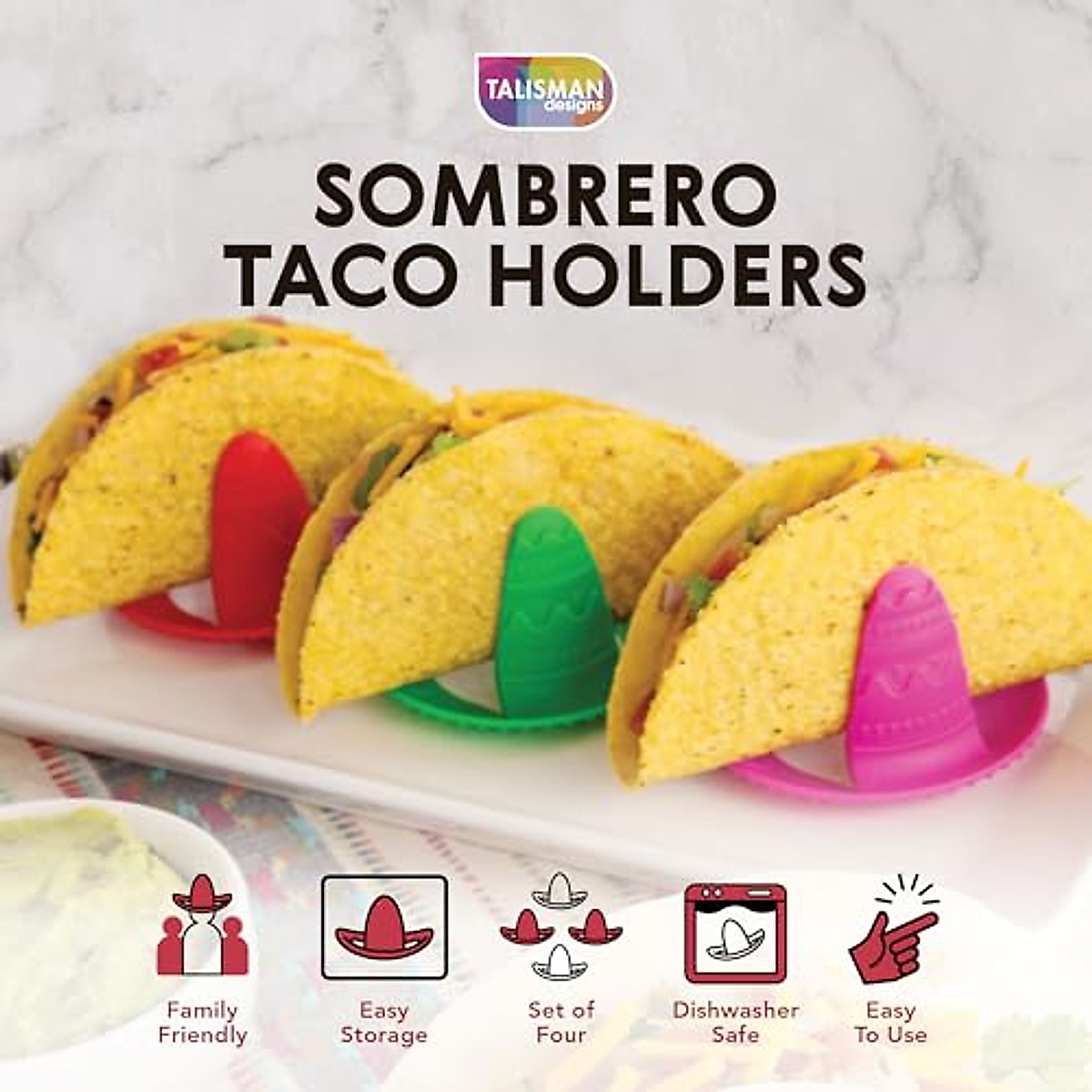 Talisman Designs Sombrero Taco Holders - Set of 4, Hold & Fill Small or Large Tacos | Crunch & Soft