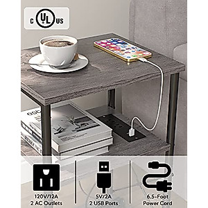 Yusong Small Side Table with Charging Station, Slim End Table for Narrow Space in Living Room,3 Tier Skinny Nightstand Bedside Table with USB Ports & Outlets for Bedroom, Grey