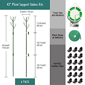 Fetanten Monstera Plant Support, 43 Inch Plant Support Stakes Moss Pole for Indoor Plants with Orchid Clips Twist Ties and Plant Strap, Perfect Plant Stakes for Climbing Plant (6 Pack)