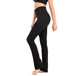 DEAR SPARKLE Bootcut Fold Over Leggings for Women | Slim Look Bootleg Yoga Pants w Pocket + Plus Size (C5 F) (Black, Small)