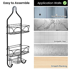 ONTOTY Shower Caddy Hanging, No Drilling & Rustproof Hanging Shower Organizer, Anti-Swing Shower Caddy Over Shower Head with 2 Strong Suction Cup, 6 Hooks and Soap Basket, for Bathroom, Soap, Razor