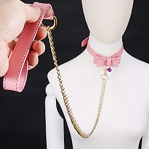 LEWECEEO PU Leather Kitty Bell Collar Choker Cosplay Bowknot Collar Choker with Golden Chain Leash for Women Girls (Pink)