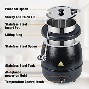 Funyee 10.5QT Commercial Grade Soup Kettle with Stainless Steel Hinged Lid, 110V Commercial Soup Warmer for Big Family Gathering and Restaurant (440W)