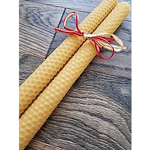 100% Pure Beeswax Handmade Taper Candles (Honey Yellow) - 8 Inch Smokeless Dripless Pair - Natural Subtle Honey Smell - Elegant Honeycomb Design (2 pack)