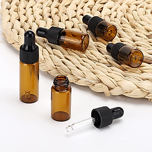 50Pcs Amber Glass Dropping Bottles 1ml 2ml 3ml 4ml 5ml Mini Essential Oil Dropper Bottles Empty Travel Sample Vials with Black Cap for Essential Oils, Aromatherapy, Cosmetic, Laboratory, Traveling