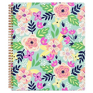 Steel Mill & Co Cute Large Spiral Notebook College Ruled, 11" x 9.5" with Durable Hardcover and 160 Lined Pages, Mint Floral