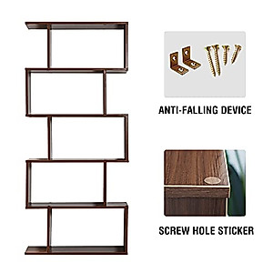 TinyTimes 5-Tier Wooden Bookcase, S-Shape Display Shelf and Room Divider, Freestanding Decorative Storage Shelving, 63'' Tall Bookshelf -Walnut