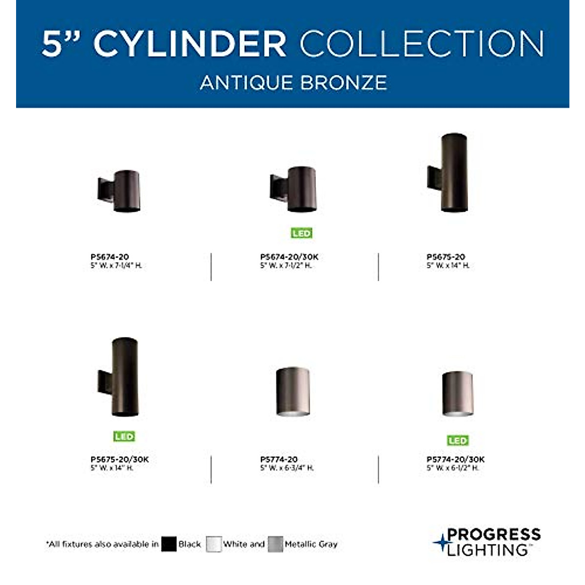 Progress Lighting Cylinder Collection 5" Modern Outdoor LED Wall Lantern Light Antique Bronze