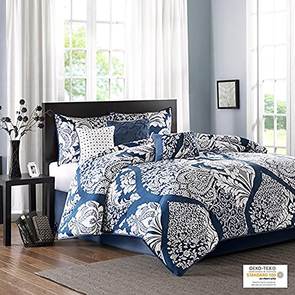 Madison Park Vienna Sateen Cotton Comforter Set, Breathable, Soft Cover, Trendy, All Season Down Alternative Cozy Bedding with Matching Shams, King, Indigo 7 Piece