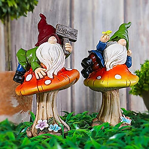 Free Yoka Funny Gnomes Garden Decor, Outdoor Patio Sculptures Statues Ornaments Welcome Sign for Yard Lawn Miniature Mushroom Accessories Figurine Home Decorations Set of 2
