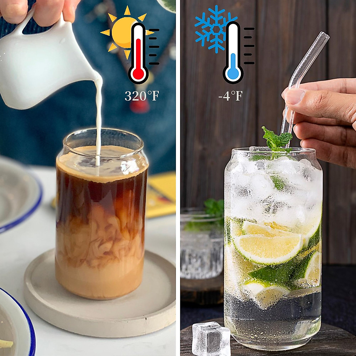 Mzowgzk 6pcs Set-16oz, Glass Cups with Bamboo Lids and Glass Straw - Beer Can Shaped,CuteTumbler Cup,Soda,deal for Cocktail,Iced Coffee Cups,6 Cleaning Brushes glass cups with lids and straws