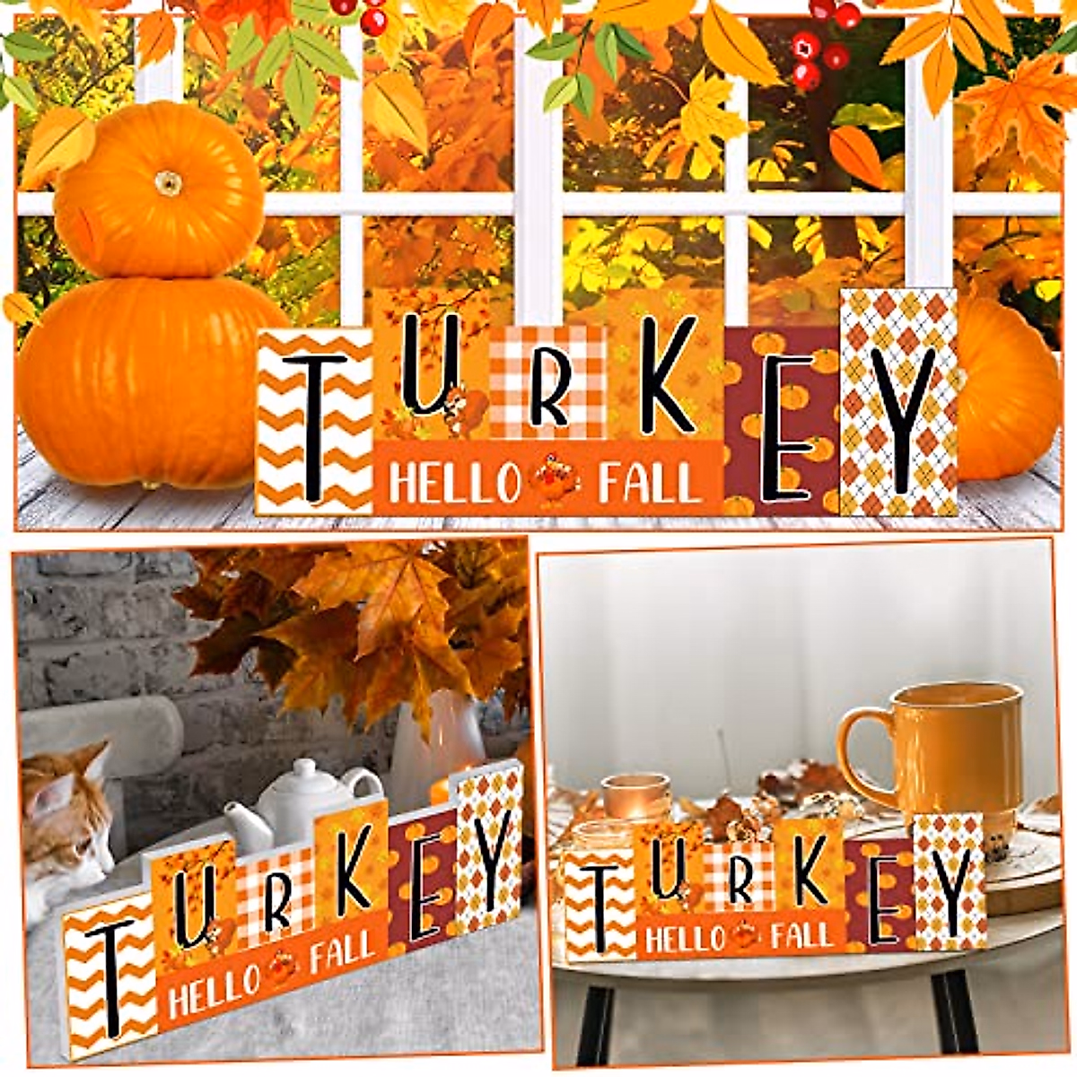 Purpeak Reversible Fall Wooden Table Sign Double Side Halloween and Thanksgiving Tabletop Sign Decor Wicked and Turkey Wood Block Fall Tiered Tray Decor for The Home Shelf Party Decor