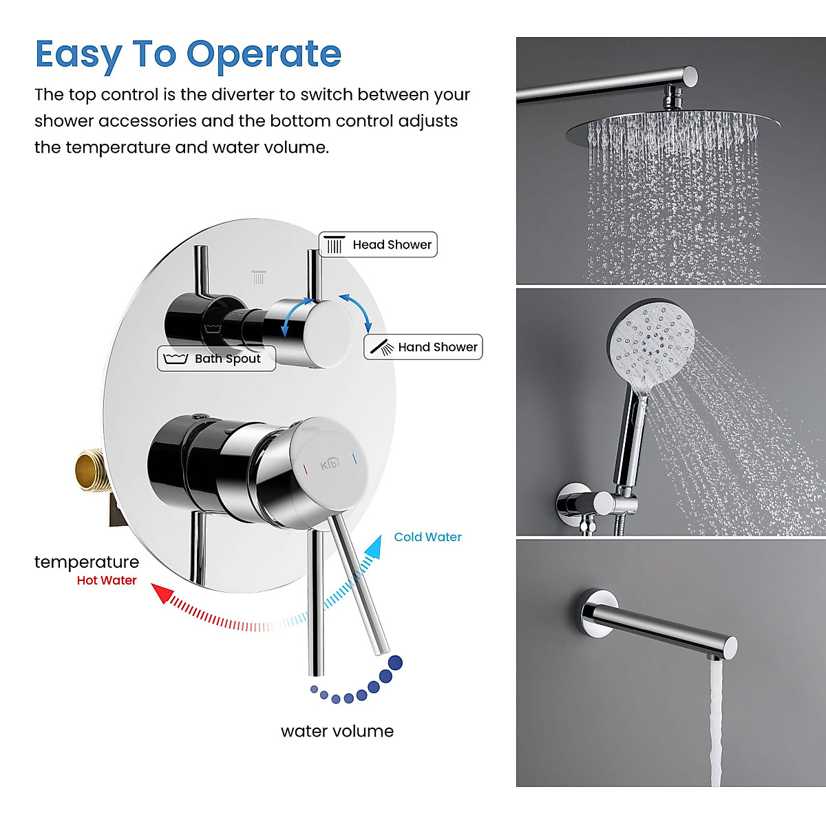KIBI Circular Bathroom Shower System | 3-Function Wall Mounted Shower Faucet Set with Solid Brass Pressure Balanced Valve | Three Hand Shower Modes | 15-inch Long Shower Arm | Chrome Finish (KSF404)