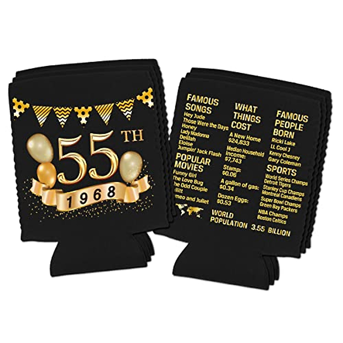 Yangmics 55th Birthday Can Cooler Sleeves Pack of 12-55th Anniversary Decorations- 1968 Sign - 55th Birthday Party Supplies - Black and Gold the fifty-fifth Birthday Cup Coolers