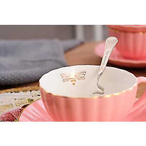 Jusalpha Fine China Pink Coffee Cup/Teacup Set, 7 OZ Cups& Saucer Service for 4, with Teapot-Sugar Bowl-Cream Pitcher Teaspoons and tea strainer for Tea/Coffee, 17-Pieces (TW Full set)