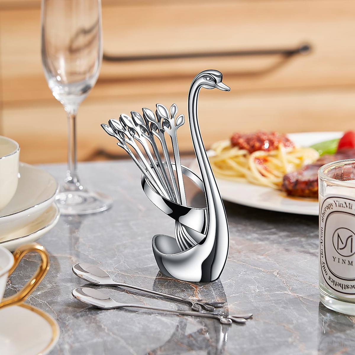 AnSaw Silver Swan Base Holder Set with 10 Pcs 4.7" Mini Leaf Teaspoons & Dessert Forks - Perfect for Appetizers,Salads,Cakes,Fruits,Cocktails,Tea,Espresso - Beautify Your Charcuterie Board Layout