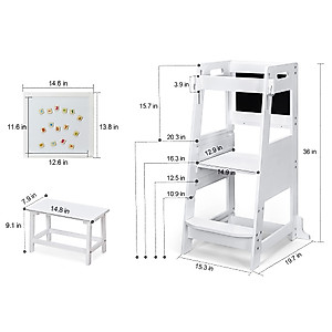 TOETOL Bamboo Toddler Step Stool White Kitchen Counter Learning Helper Standing Tower Ktchen Stool for Toddler 3 Height Adjustable with Chalkboard Message Boards, Small Step Stool, Non-Slip Mat