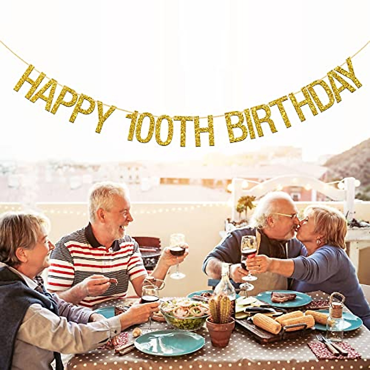 INNORU ™ Happy 100th Birthday Banner - Gold Glitter 100th Sign Letters Hang Bunting - 100th Birthday Party Decorations Supplies