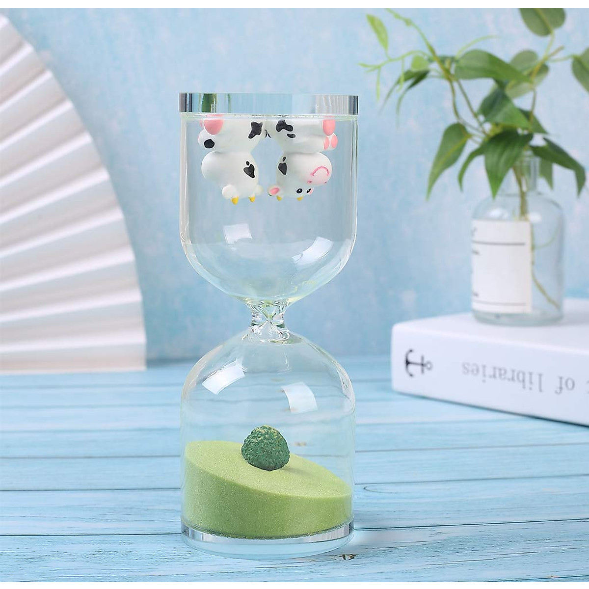 Falytemow 30 Minutes Hourglass Green Farm Sand Timer Cute Cow Desktop Decoration for Kitchen School Teaching