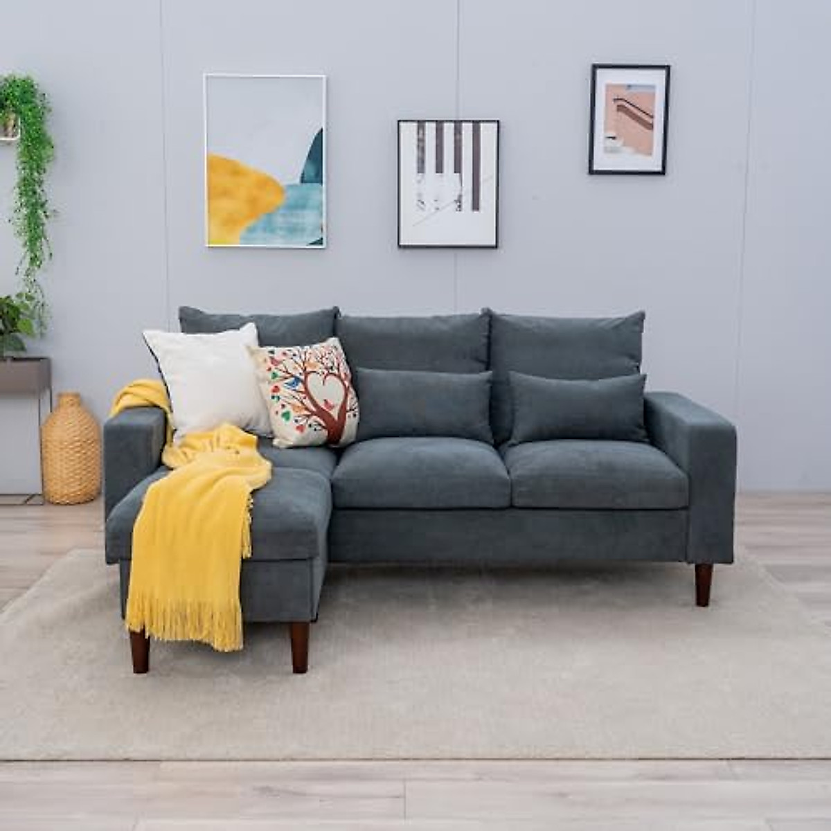 Panana 3-Seat Sofa Couch with Reversible Back Cushions Modern Fabric Sofa 3 Seater Couch for Small Apartment (Grey, 3 Seater with Ottoman Stool)