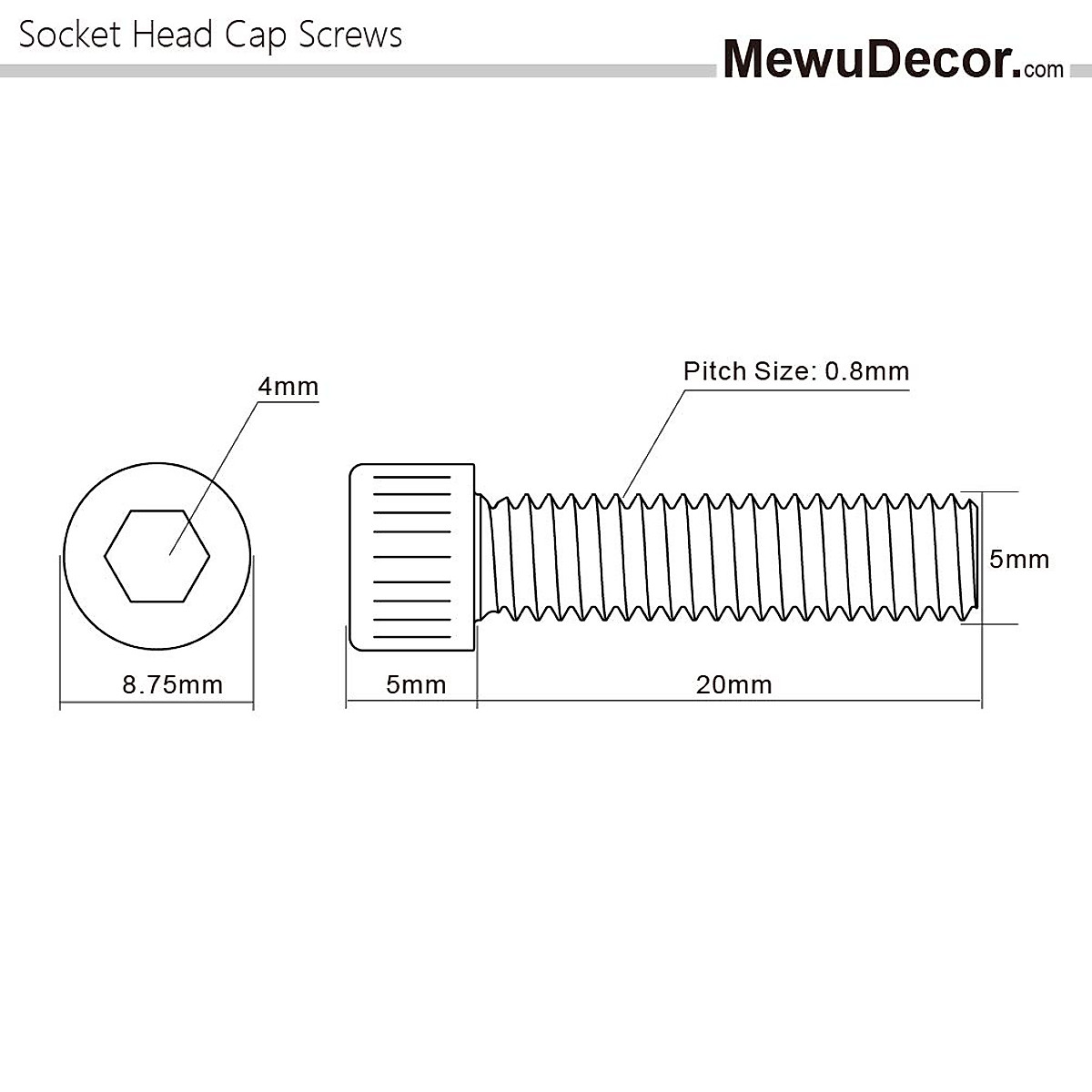 M5-0.8 x 20mm Socket Head Cap Screws, Allen Socket Drive, 304 Stainless Steel 18-8, Full Thread, Bright Finish, 40 PCS