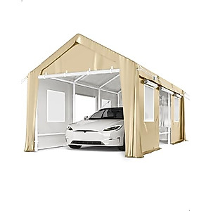 10'x20' Carport Windproof, Anti-High Wind Portable Garage, Reinforced Frames & 180 g PE Carport Canopy, with Front & Rear Doors, Shelter for Pickup, Boat, and Equipment, Khaki