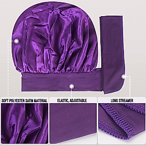 Arqumi 2 Pcs Satin Silk Bonnet for Sleeping Women, Large Long Strap Tie Band Adjustable Sleep Night Cap Hair Bonnet Wrap for Men, Black+Purple