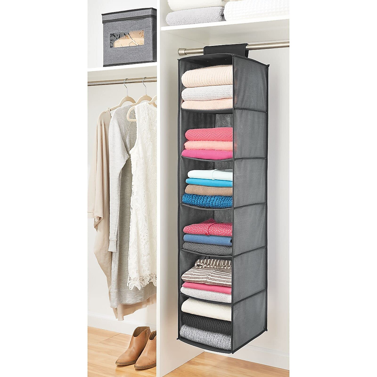 mDesign Long Soft Fabric Over Closet Rod Hanging Storage Organizer with 6 Shelves for Clothes, Leggings, Lingerie, T Shirts - Textured Print with Solid Trim - 2 Pack - Charcoal Gray/Black