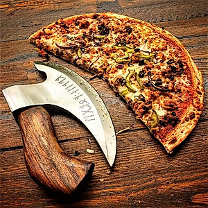 Camping Knives & Tools Pizza Cutter | Hand Forged Carbon Steel Axe Style Pizza Cutter | Leather Sheath