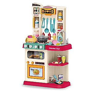 FRJINIE Toy Kitchen for Toddler, Kids Kitchen Set with Play Sink with Running Water, Realistic Light & Sound, Pretend Role Play Kitchens Apron Temperature Sensing Play Food for Boys & Girls (Red#2)