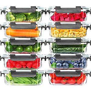 Skroam 10 Pack Glass Meal Prep Containers, Glass Airtight Food Storage Containers with Lids, Pantry Kitchen Storage Containers for Lunch, Food Storage, Meal Prep, Glass Lunch Bento Boxes - 22 OZ