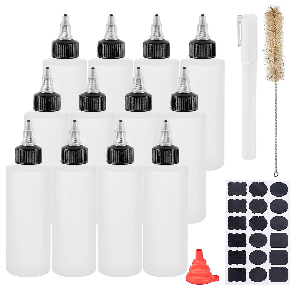 BENECREAT 12 Pack 5oz Plastic Squeeze Dispensing Bottles with Black Twist Cap Glue Bottle with Hopper, Cleaning Brush, Sticker Label and Marker Pen for Crafts, Art, Glue, Multi Purpose