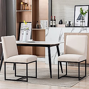 VESCASA Linen Upholstered Dining Chairs Set of 2, Mid Century Modern Padded Chair with Black Metal Frame for Restaurant, Dining Room, Kitchen, Cream