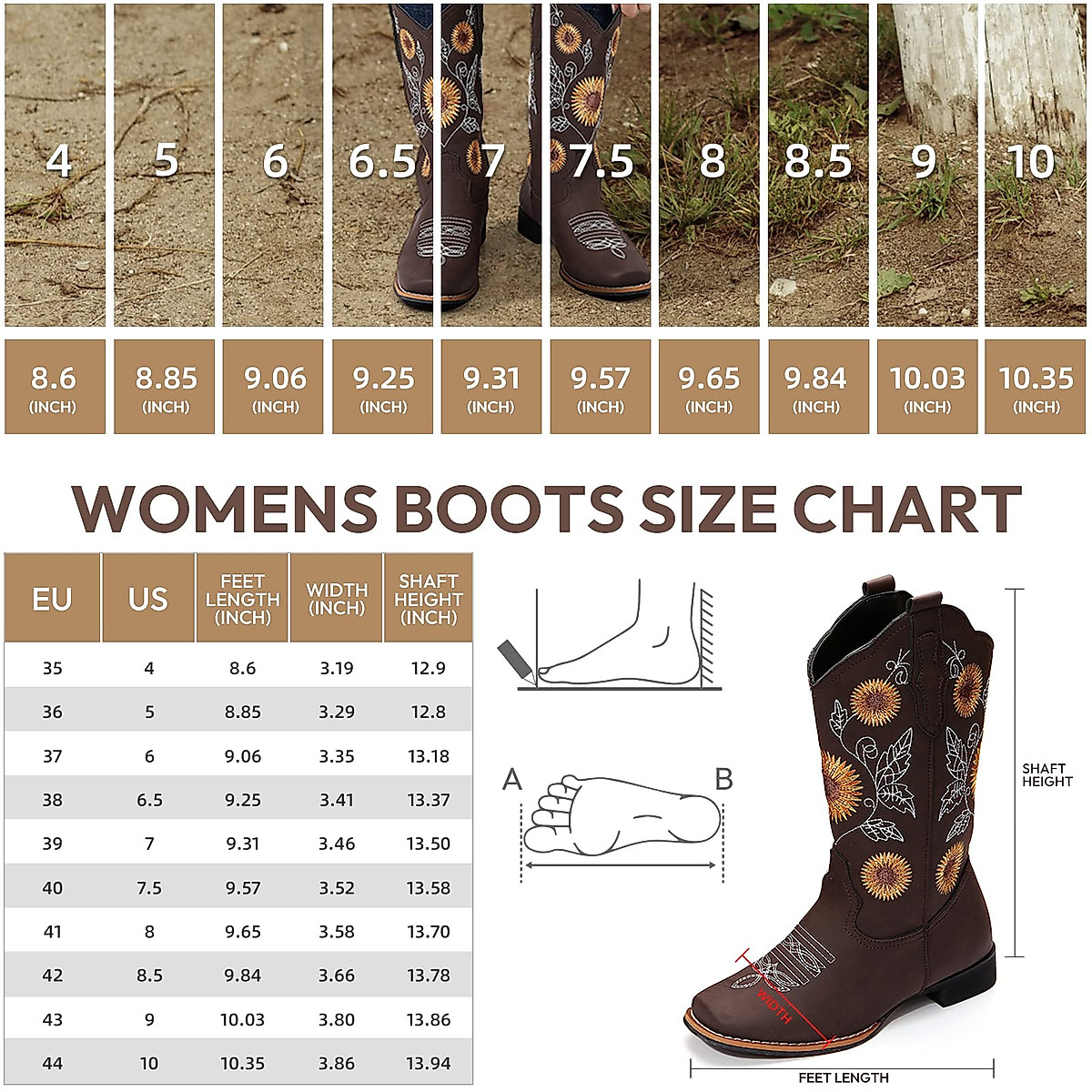 Jiemifu Cowboy Boots Women Sunflower Embroidered Western Boots Cowgirl Boots Square Toe Tall Cowgirl Boots for All Season/Everyday Occasions, Brown