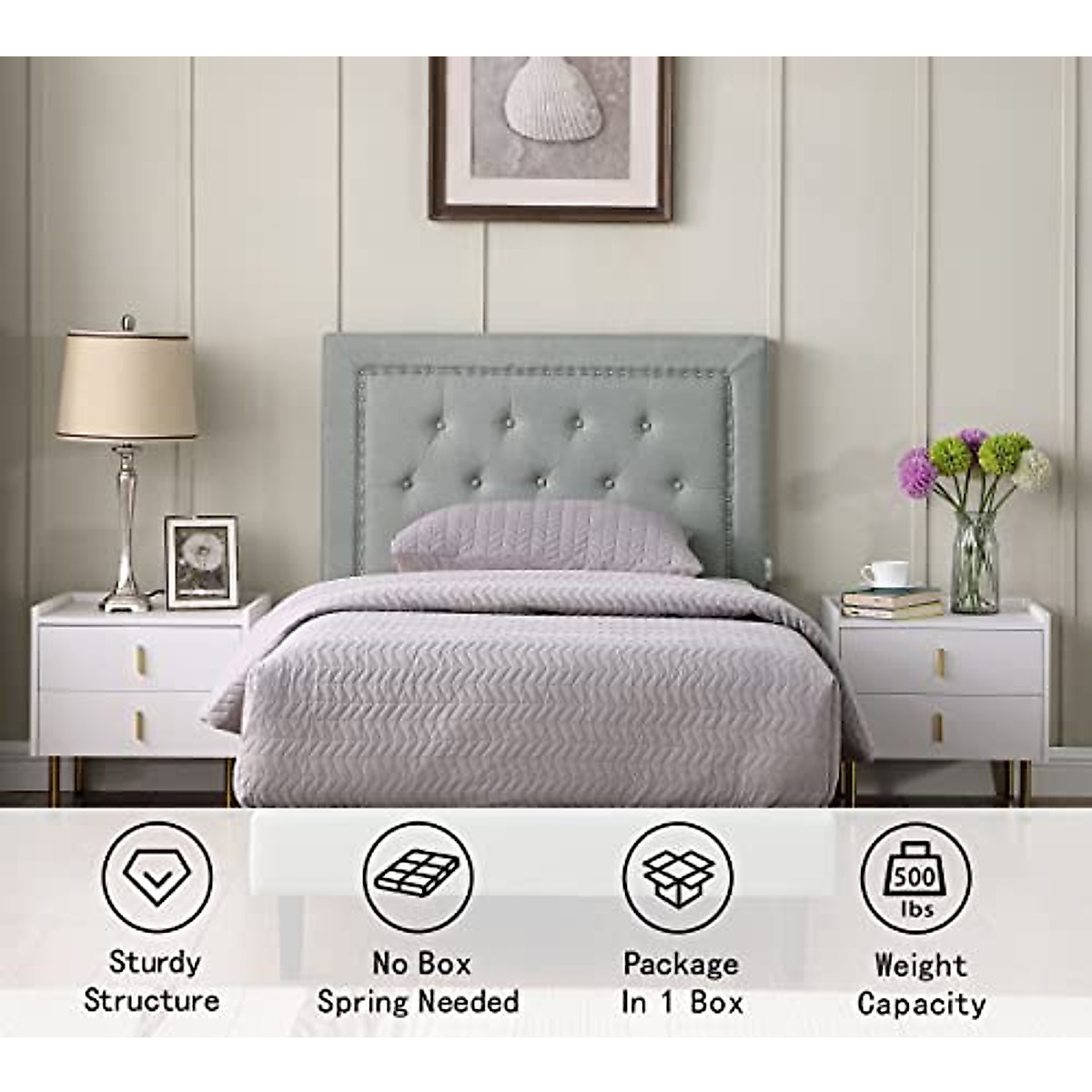 Twin Upholstered Platform Bed Frame with 48" Tall Adjustable Headboard - Button Tufted Linen Velour Bed - Wood Slat Support with Storage Space - No Box Spring Needed - Grey - Oliver & Smith - Berlin