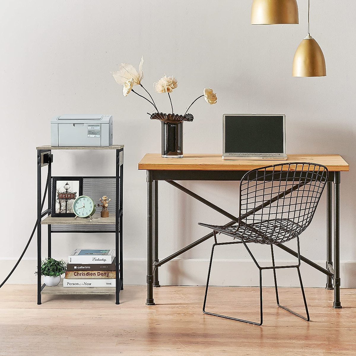 Record Player Stand Turntable Stand with Record Storage Vinyl Player Stand with Charging Station Grey Nightstands with USB Modern End Table for Living Room Bedroom Office