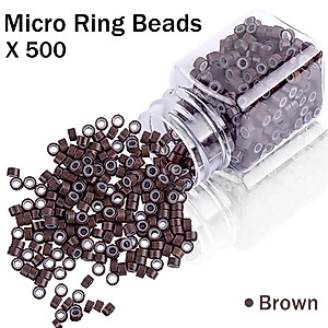 Duufin Hair Extensions Kit 500 Pcs Brown Micro Ring Beads 1 Micro Beads Plier 2 Hook Needle Pulling Loop 4 Plastic Alligator Hair Clips 1 Comb and 2 Bags Black Mini Rubber Hair Elastic