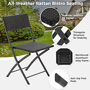 3 Pieces Outdoor Patio Bistro Set, All Weather Brown PE Rattan Patio Furniture Sets with Folding Patio Square Table and Chairs for Garden,Backyard,Balcony,Porch (Black)