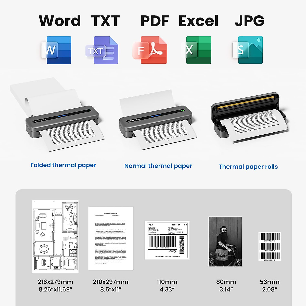 Portable Printer Wireless Travel Compatible with Apple iPhone iPad Android - A4 Inkless Printer Support 8.5x11"/8.26"/4"/3"/2" Thermal Pirnter Paper - Bluetooth Printer for Home Office Dorm Vehicle