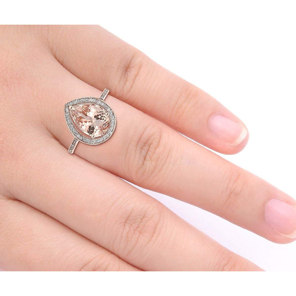 Halo Teardrop Pear Simulated Morganite Bridal Ring Rose Tone Plated 925 Sterling Silver, Size-6