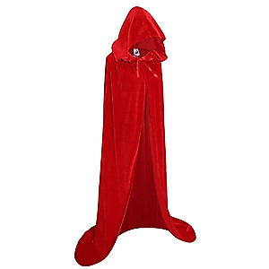 Unisex Hooded Cloak Long Velvet Cape For Halloween Christmas Cosplay Costume (L, Red)