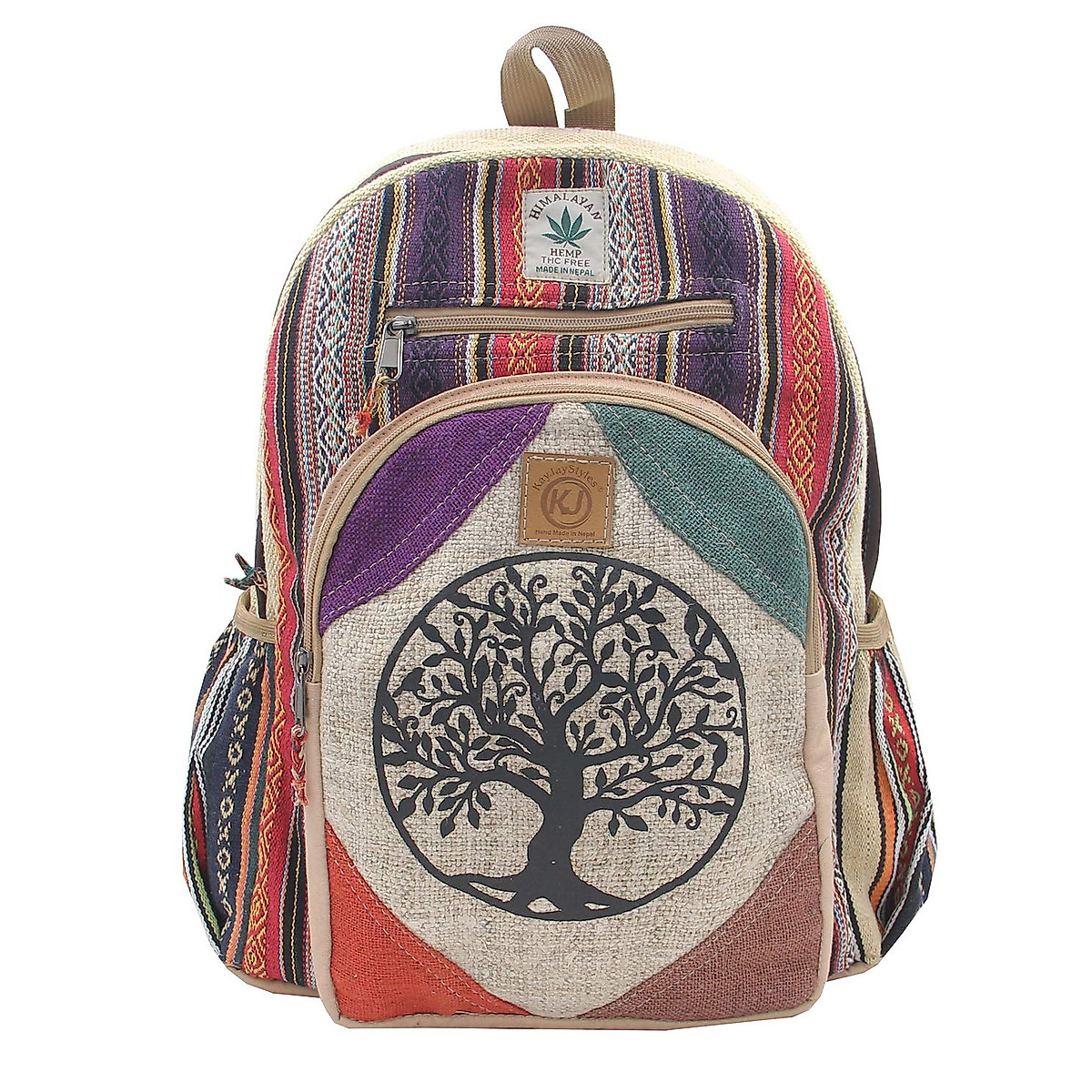 KayJayStyles Bohemian Handmade & Print Large Multi Pocket Hemp Rucksack Backpack (Tree Of Life)