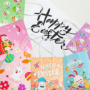 24PCS Easter Treat Bags with Handles, Easter Bags for Treats, Easter Party Favor Bags, Easter Gift Bags, Easter Egg Hunt Bags Decorated with Happy Easter Bunny and Chicks Pattern for Kids Spring Party