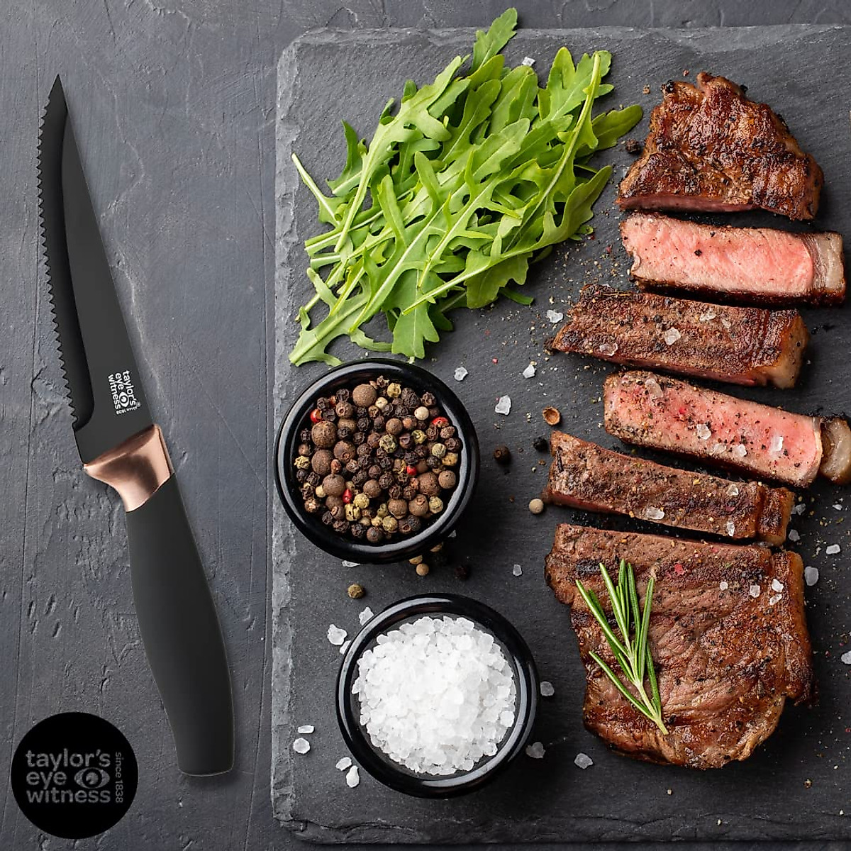 Taylors Eye Witness Steak Knives Set of 4 - Brooklyn Serrated black ceramic-coated blade with copper-plated bolster. Corrosion-Free, Easy Clean Ceramic Coating. Soft Grip Handle. 2 Year Guarantee