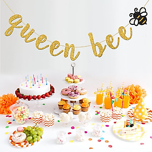 INNORU Queen Bee Banner, Bumble Bee Mom Birthday Party Decorations, Bee Party, Mommy to Be Sign Banner, Happy Birthday Mom Party Decoration Gold Glitter