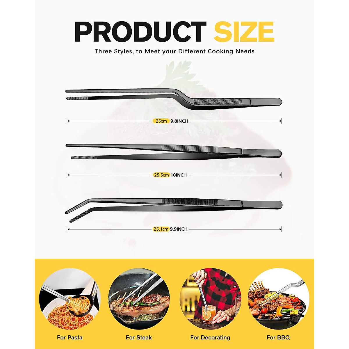 Fine Cooking Tweezers Set, Professional Stainless Steel Food Tongs, Kitchen Black Long Chef Tweezer for Cooking, Plating, Decorating and BBQ (BLACK, 10 inch)