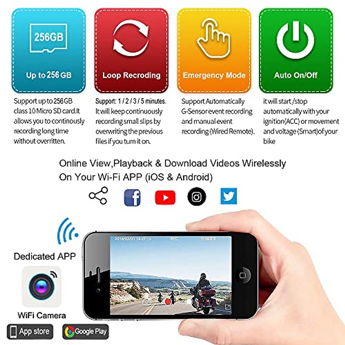 VSYSTO WiFi Motorcycle Dash Cam, 2 Inch Screen All Waterproof HD 1080P WDR SONY307 150° Wide Angle Fisheye Lens Front and Rear Camera, Night Vision, G-Sensor Loop Recording (Black-2Inch)